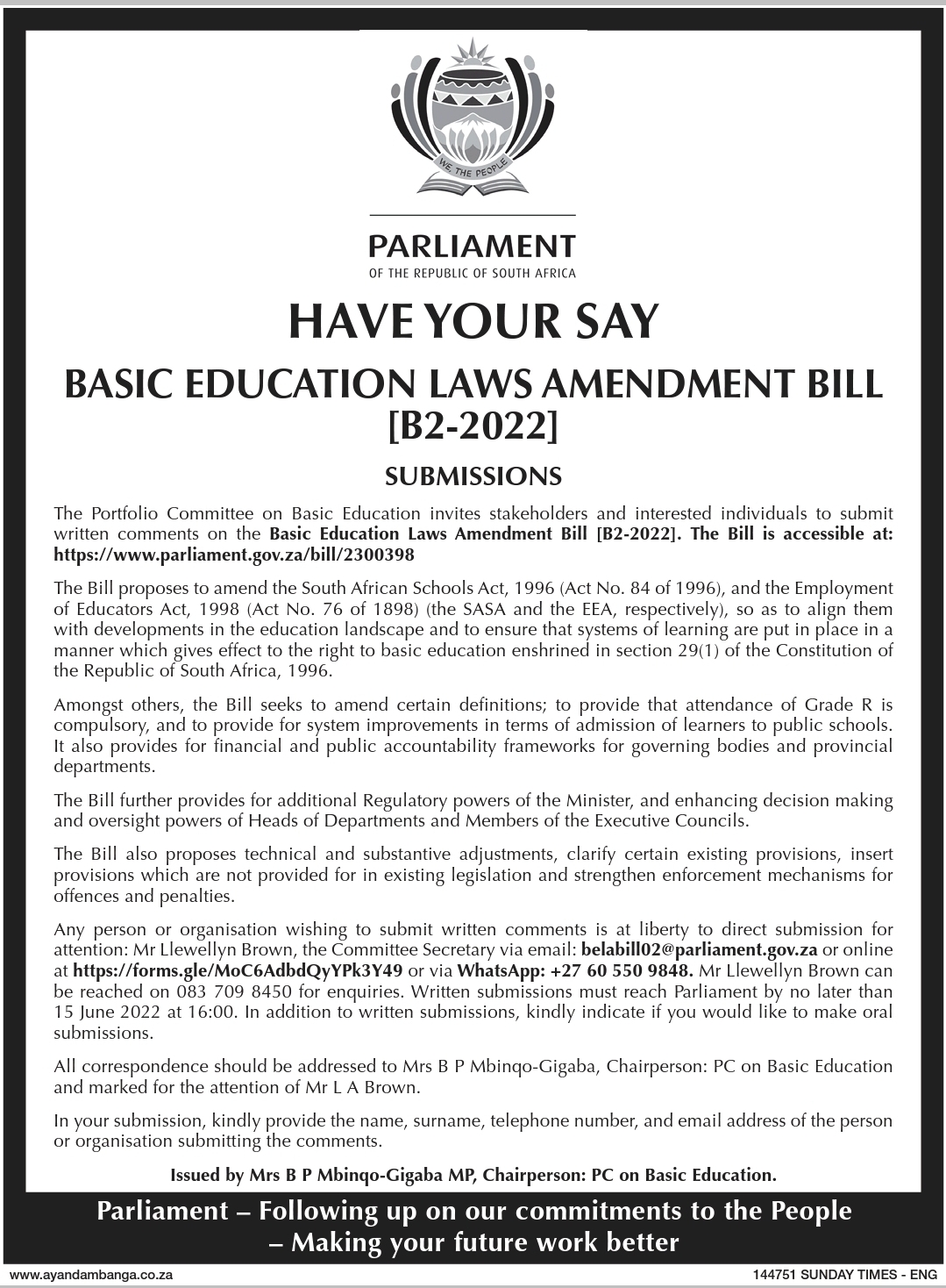 Call For Comments On BELA Bill – Cape Home Educators